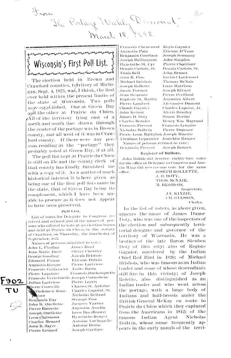 Wisconsin's first poll list | Newspaper Article/Clipping | Wisconsin ...