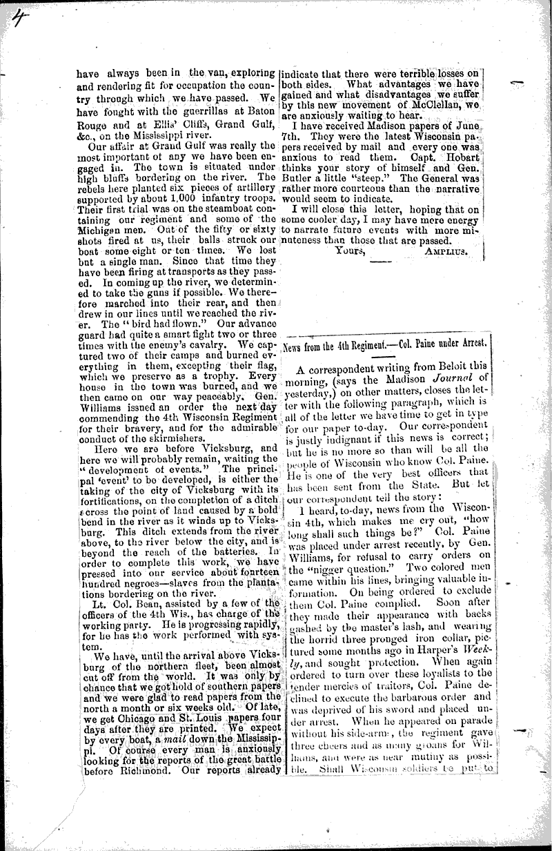 News from the 4th regiment--col. paine under arrest | Newspaper Article/Clipping | Wisconsin ...