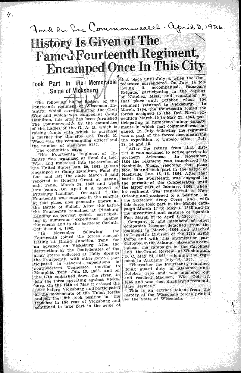 History is given of the famed fourteenth regiment encamped once in this ...