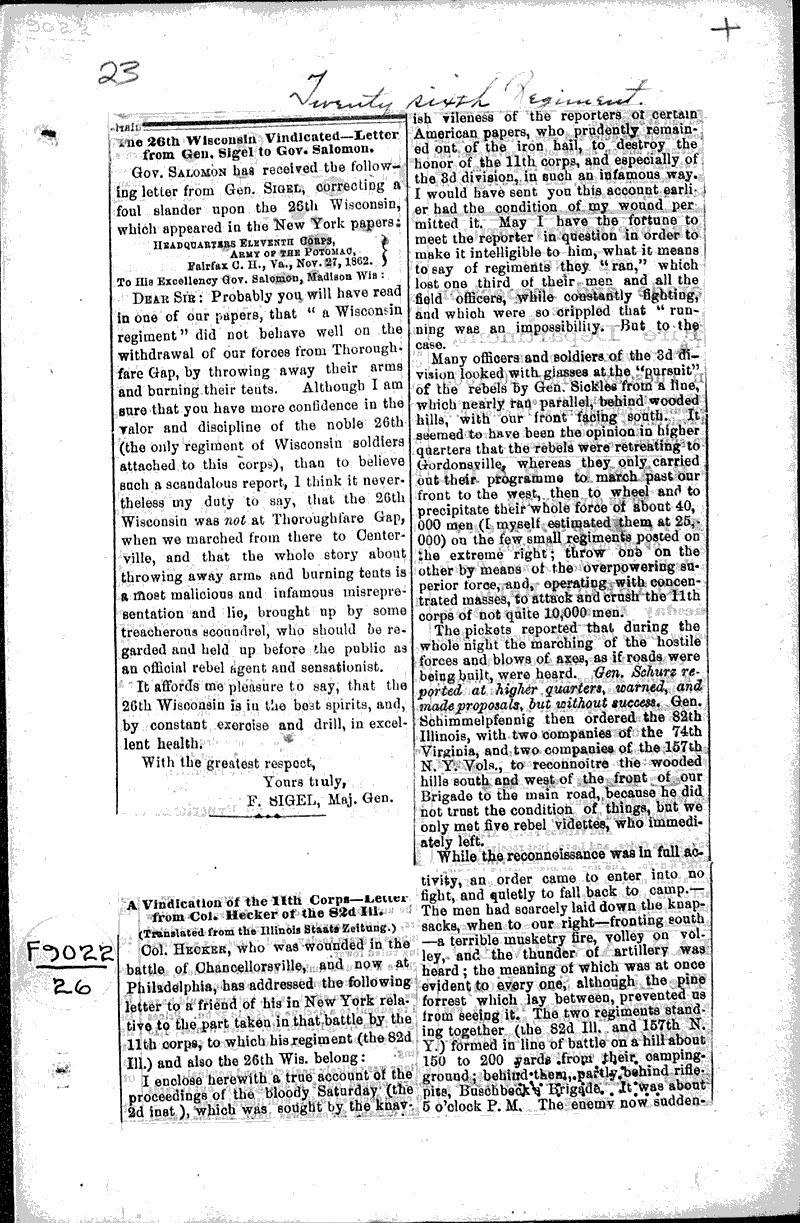The 26th Wisconsin vindicated--letter from Gen. Sigel to Gov. Salomon ...