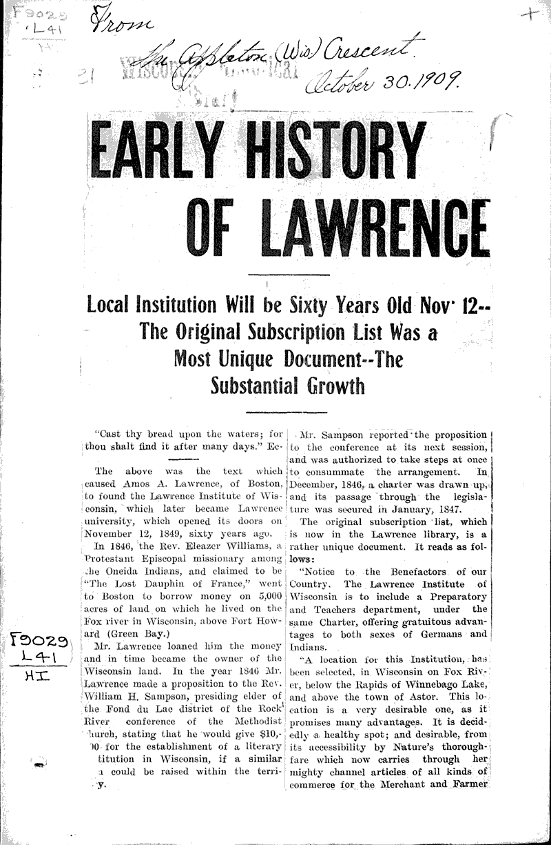 Early history of Lawrence | Newspaper Article/Clipping | Wisconsin ...
