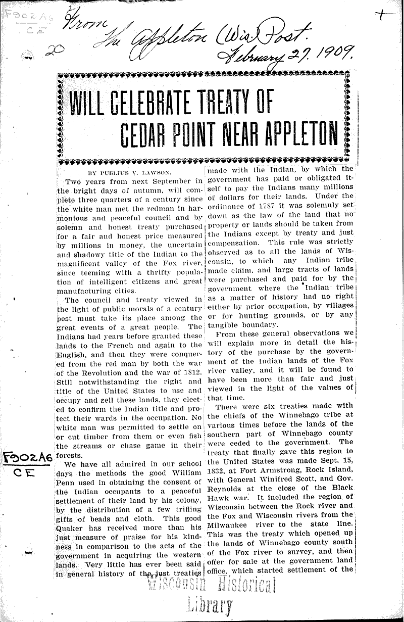 Will celebrate Treaty of Cedar Point near Appleton | Newspaper Article ...