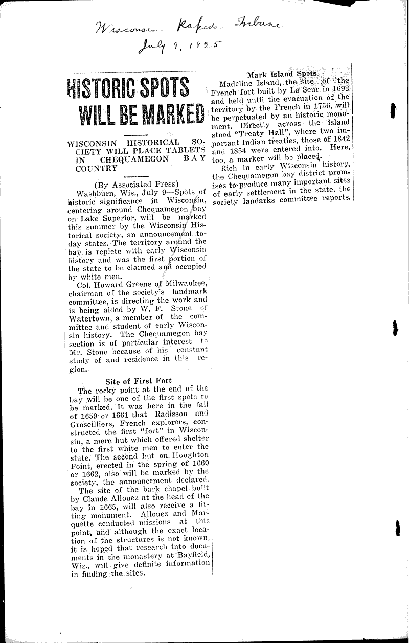Historic spots will be marked | Newspaper Article/Clipping | Wisconsin ...