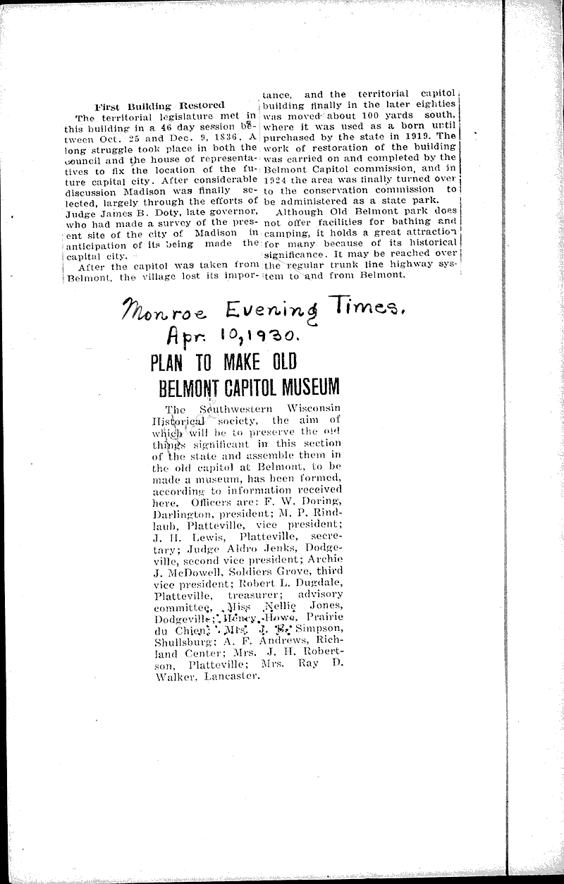 Plan to make old Belmont capitol museum | Newspaper Article/Clipping ...