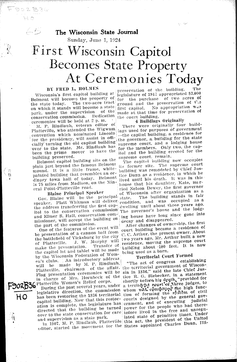 First wisconsin capitol becomes state property at ceremonies today ...