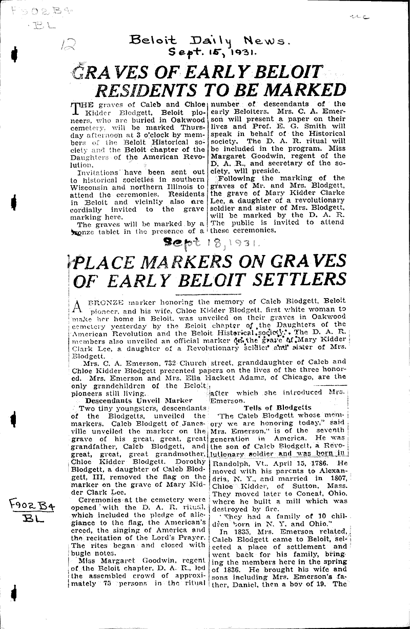 Graves of early Beloit residents to be marked | Newspaper Article ...