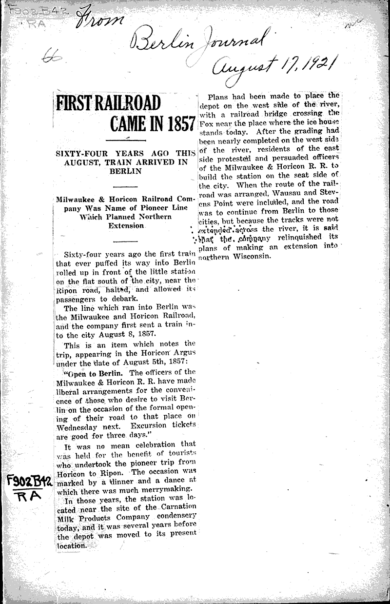 First railroad came in 1857 | Newspaper Article/Clipping | Wisconsin ...