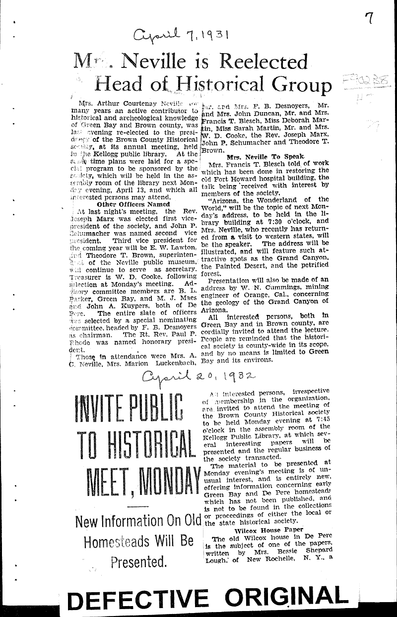 Mr. Neville is reelected head of historical group | Newspaper Article ...