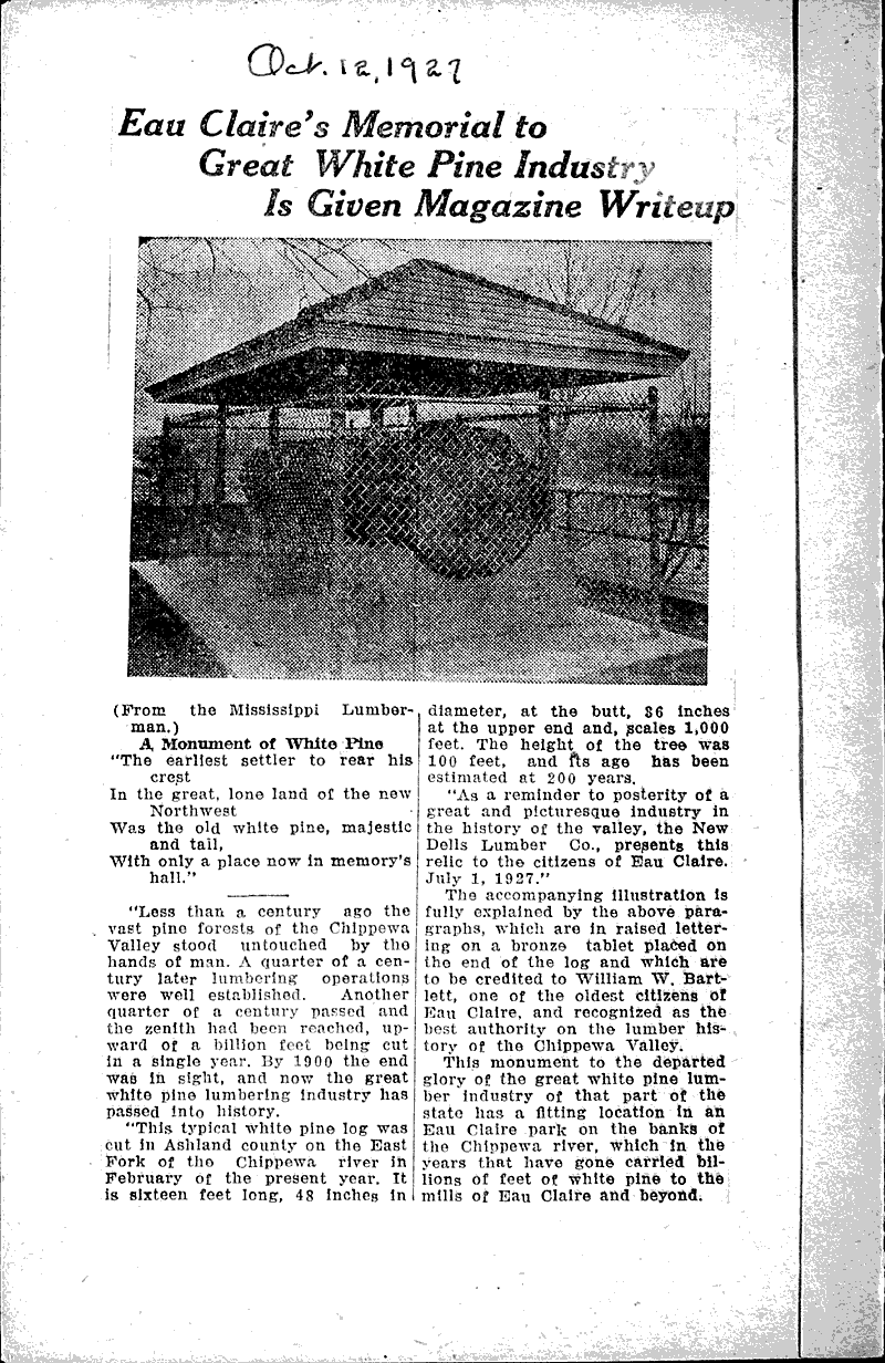 Eau Claire's memorial to great white pine industry is given magazine ...
