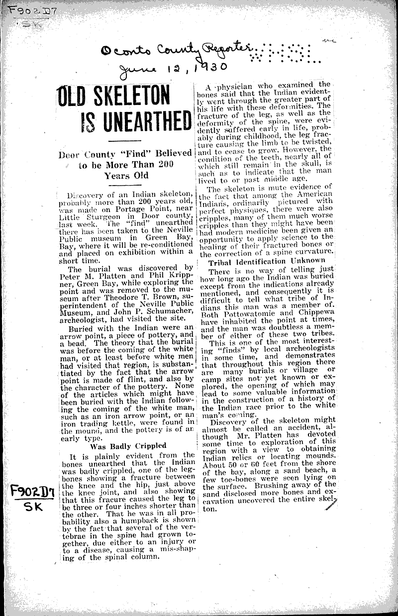 Old skeleton is unearthed | Newspaper Article/Clipping | Wisconsin ...
