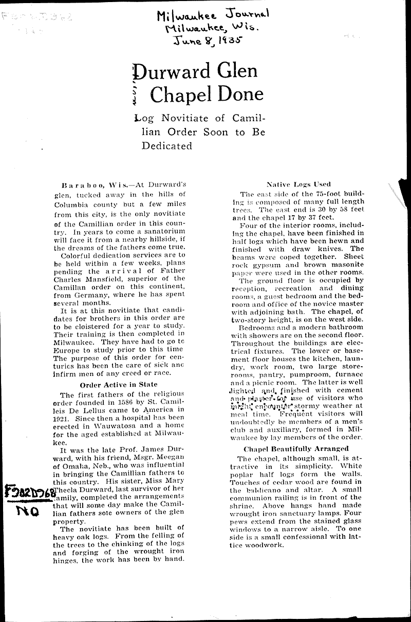 Durward Glen Chapel done | Newspaper Article/Clipping | Wisconsin ...