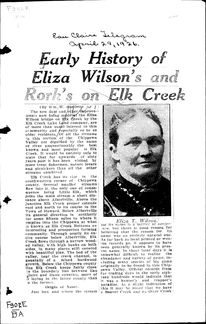 Early history of Eliza Wilson's and Rork's on Elk Creek | Newspaper ...