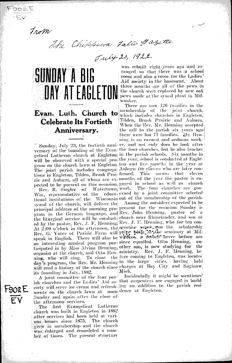 Sunday a big day at Eagleton | Newspaper Article/Clipping | Wisconsin ...