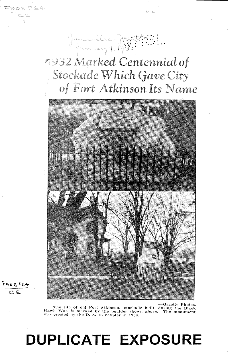 1932 marked centennial of stockade which gave city of fort atkinson its ...