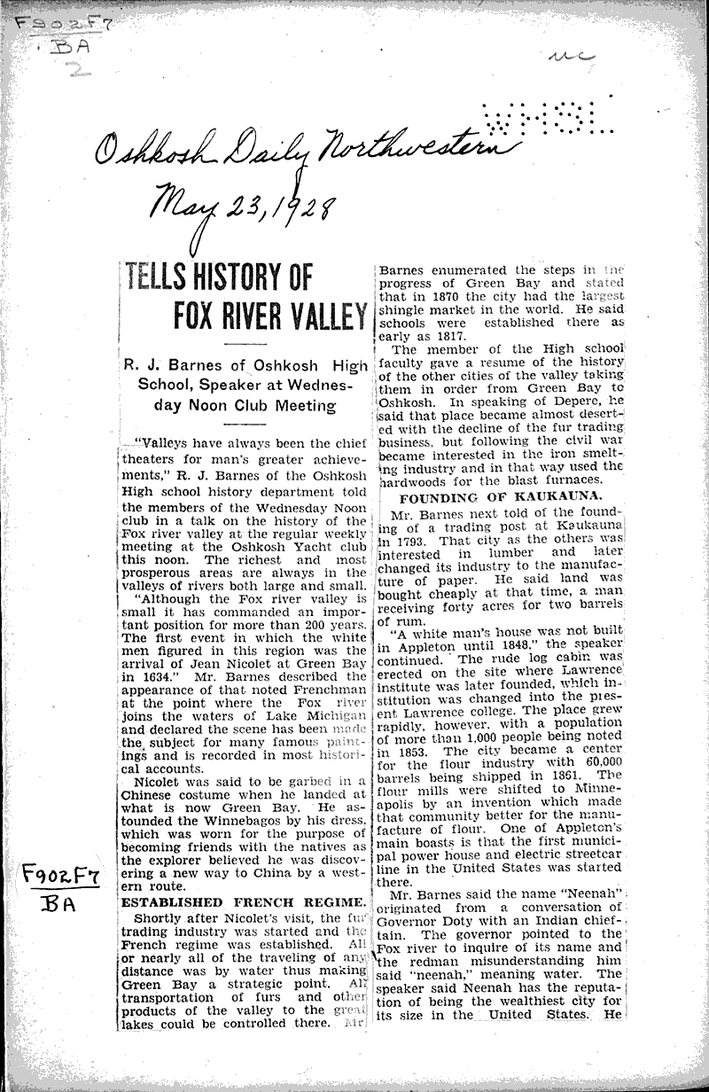 Tells history of Fox River Valley | Newspaper Article/Clipping ...