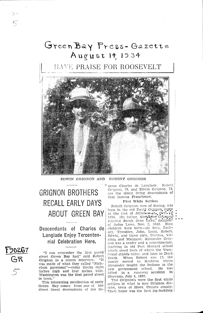Grignon brothers recall early days about Green Bay | Newspaper Article ...