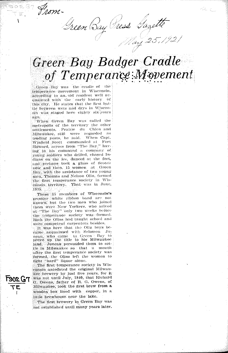 Green Bay badger cradle of temperance movement | Newspaper Article ...