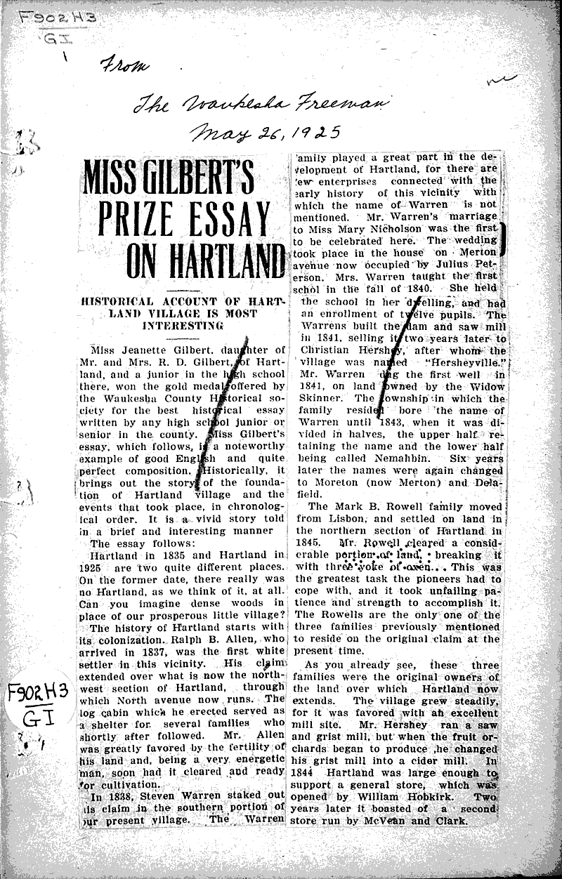 Miss Gilbert's prize essay on Hartland | Newspaper Article/Clipping ...