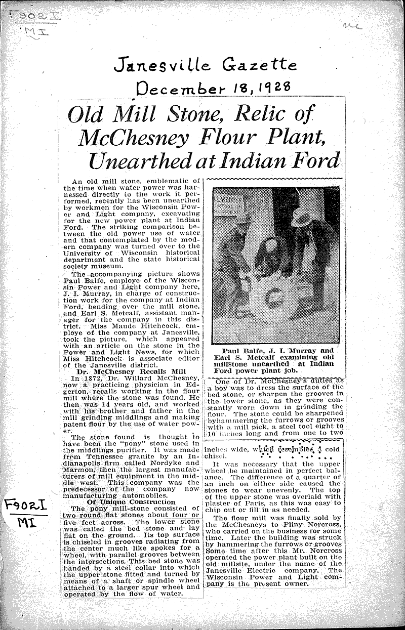 Old mill stone, relic of McChesney flour plant, unearthed at Indian ...