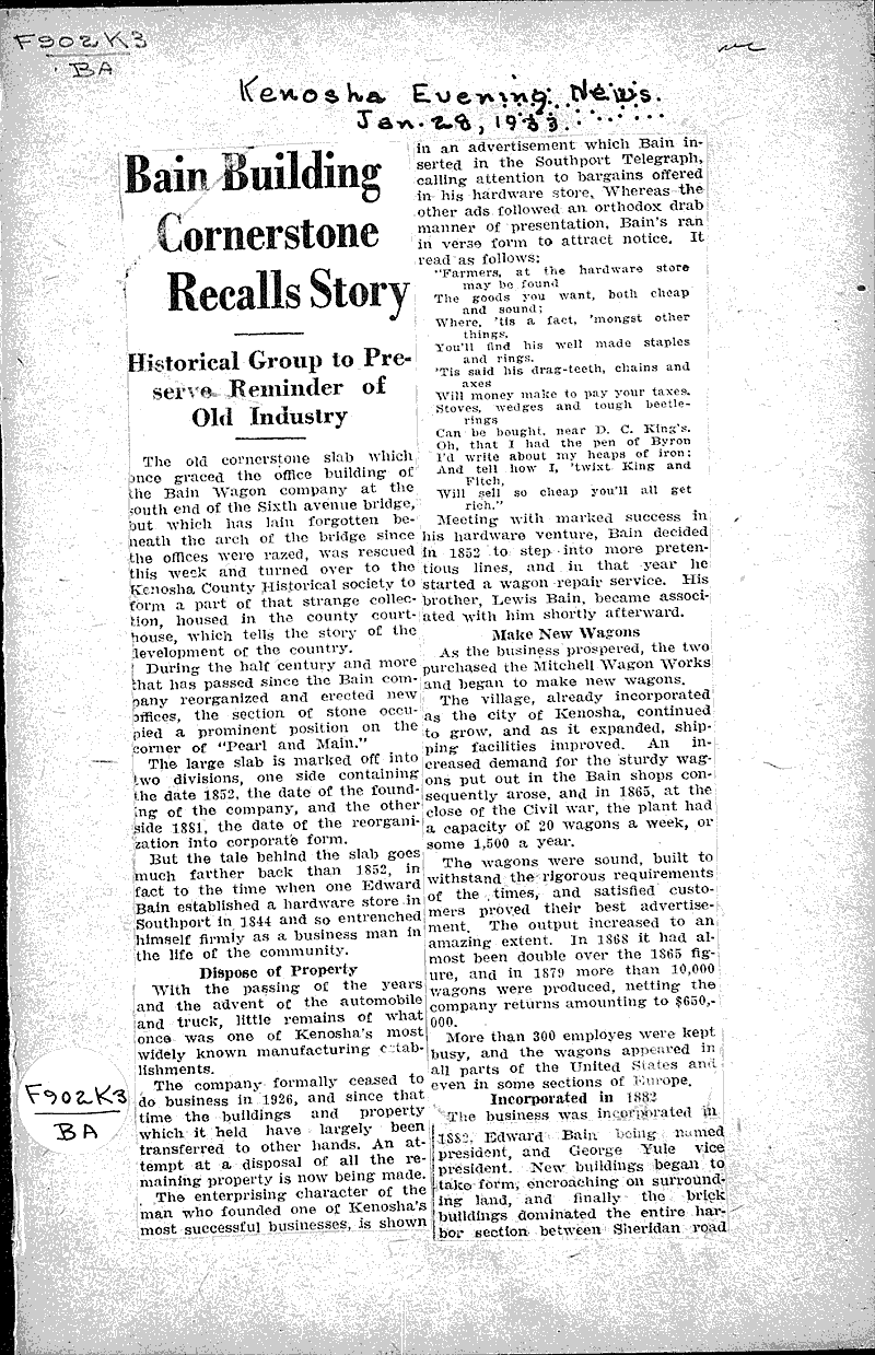 Bain building cornerstone recalls story | Newspaper Article/Clipping ...