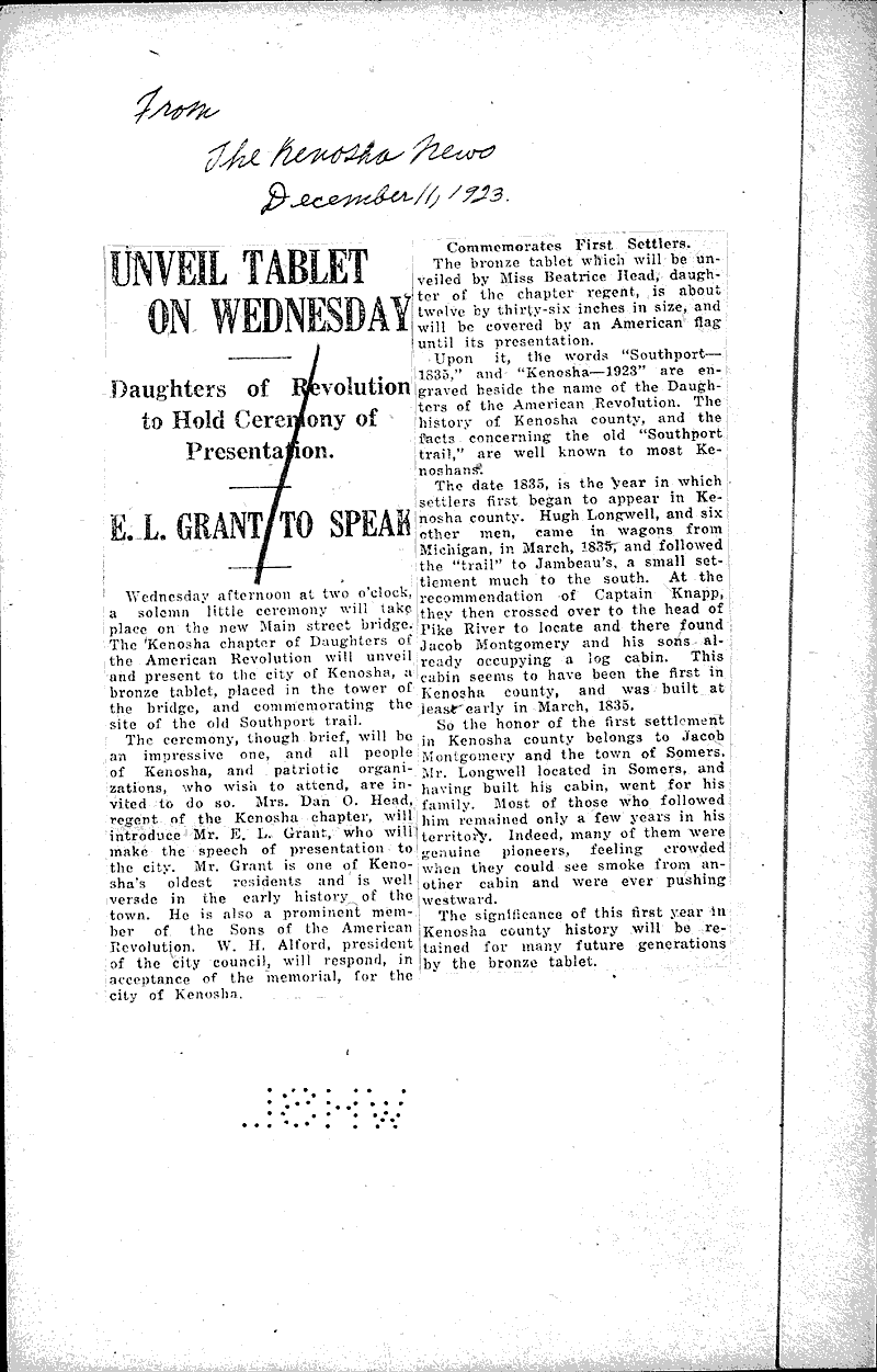 Unveil tablet on Wednesday | Newspaper Article/Clipping | Wisconsin ...