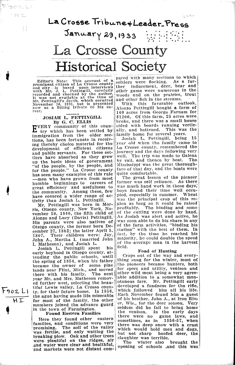 La Crosse county historical society: josiah l. pettingill | Newspaper ...
