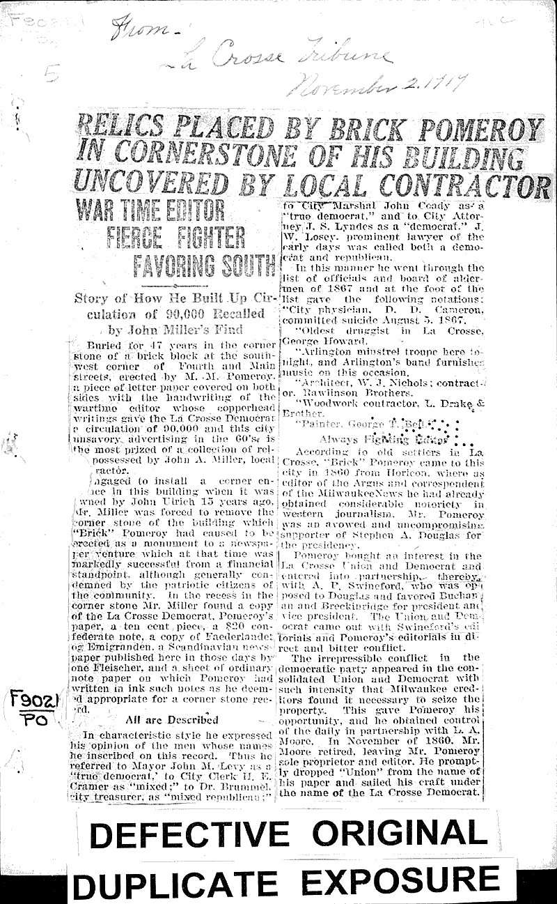 Relics placed by Brick Pomeroy in cornerstone of his building uncovered ...