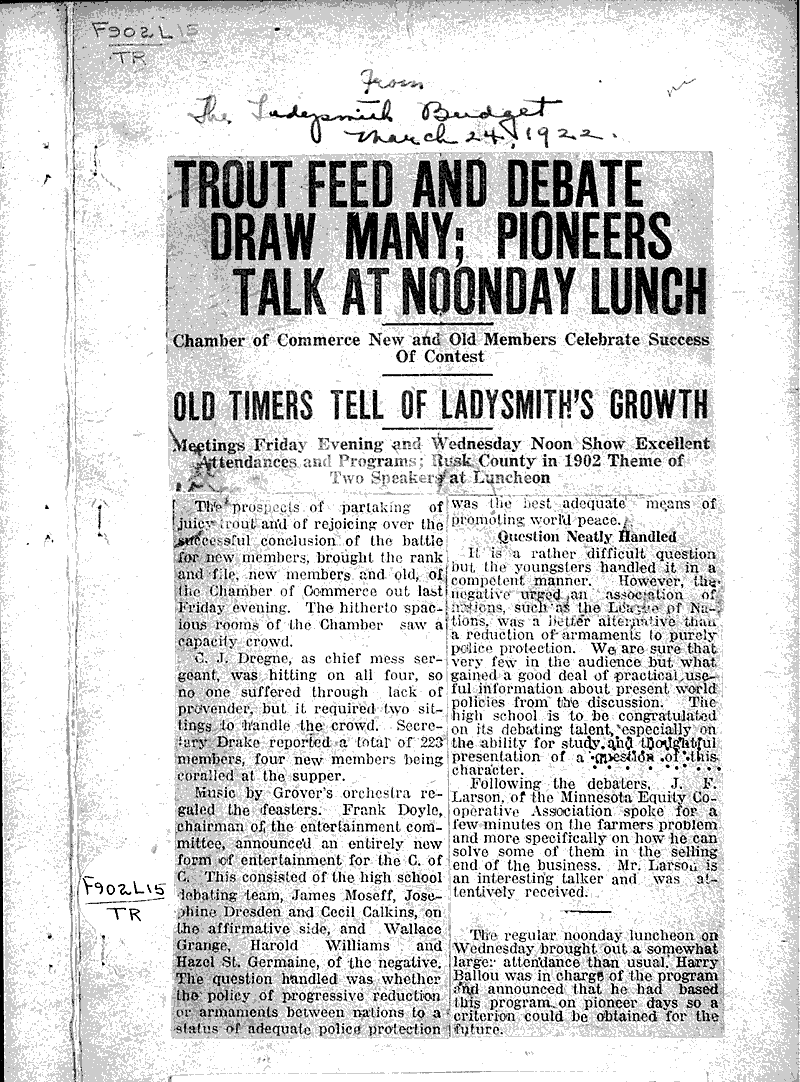 Trout feed and debate draw many; pioneers talk at noonday lunch ...