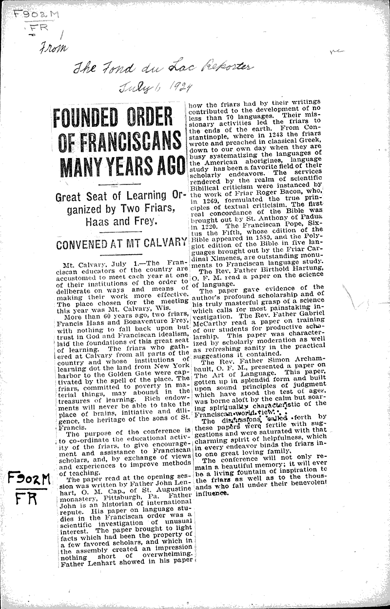 Founded order of franciscans many years ago | Newspaper Article ...