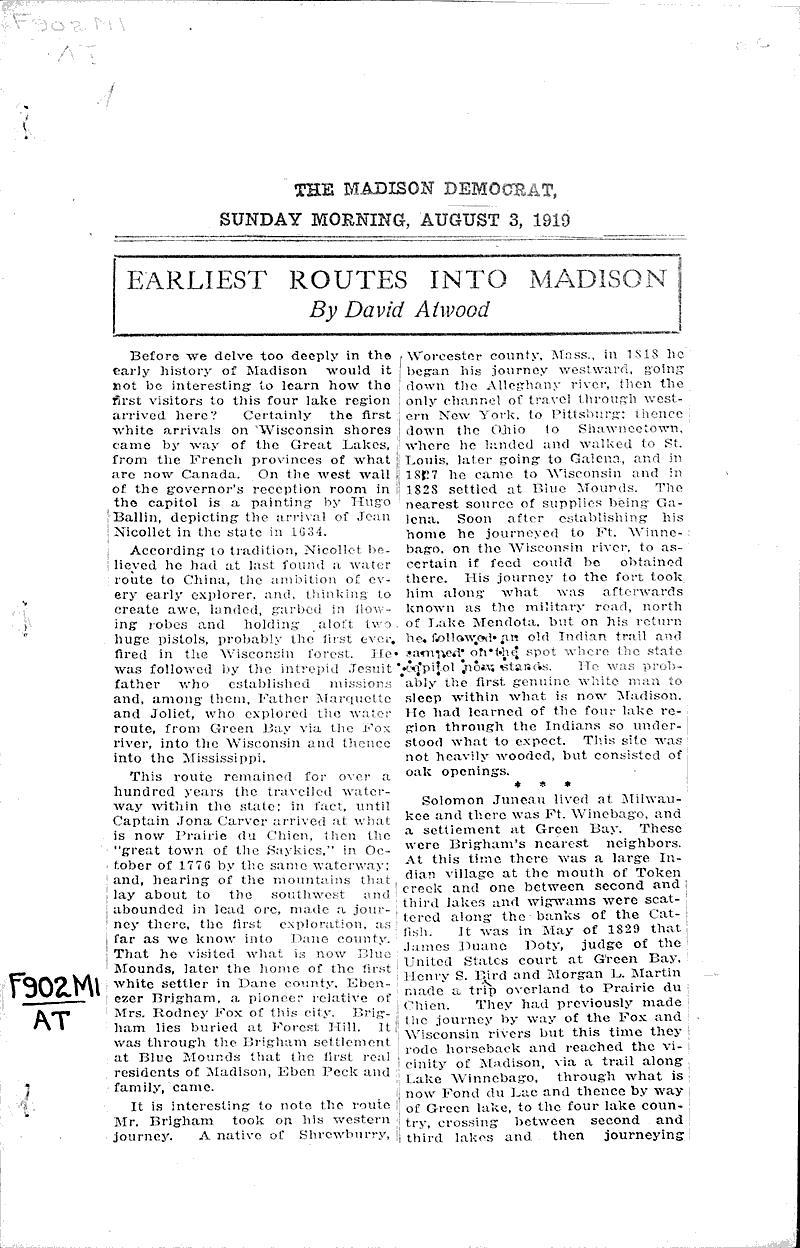 Earliest routes into Madison | Newspaper Article/Clipping | Wisconsin ...