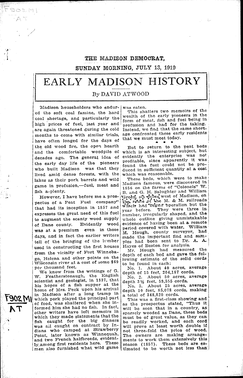 Early Madison history | Newspaper Article/Clipping | Wisconsin ...