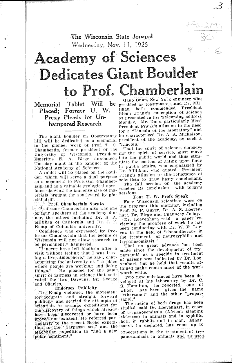 Academy of Sciences dedicates giant boulder to Prof. Chamberlain ...