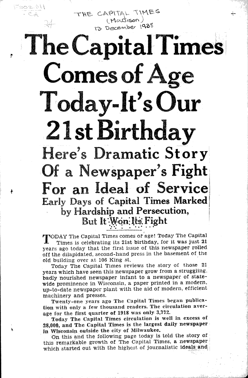 The Capital Times comes of age today--it's our 21st birthday ...