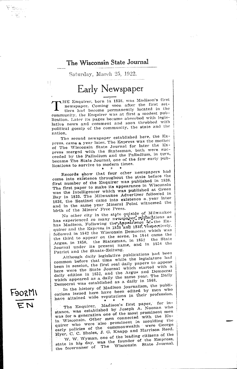 Early newspaper | Newspaper Article/Clipping | Wisconsin Historical Society
