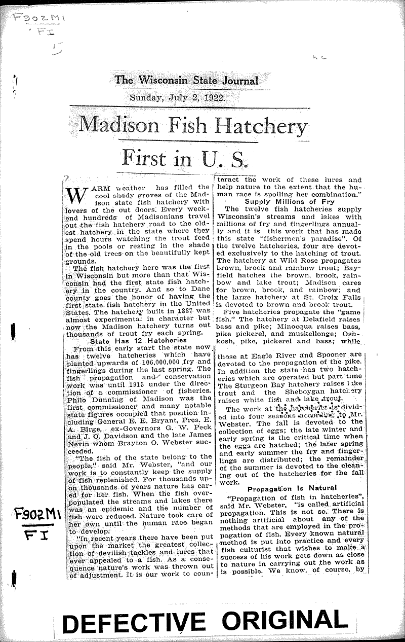 Madison fish hatchery first in U.S. | Newspaper Article/Clipping ...
