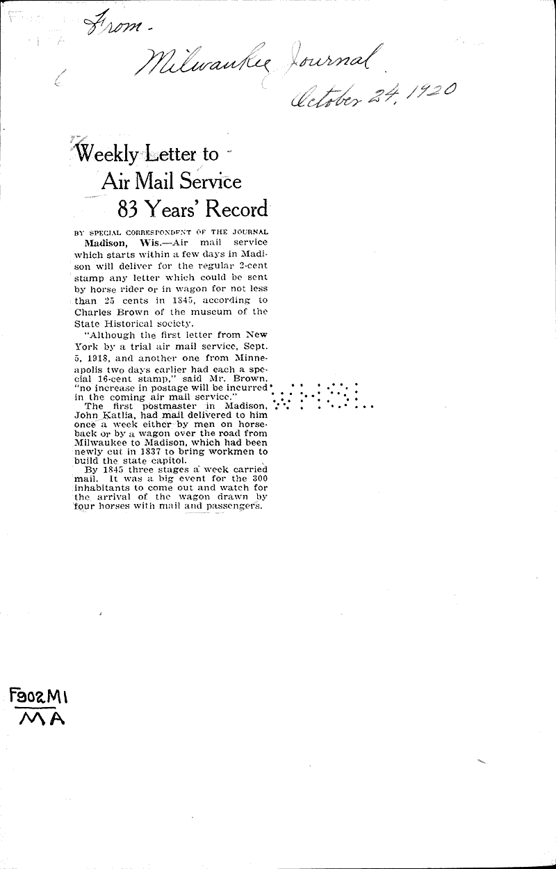 Weekly letter to air mail service 83 years' record | Newspaper Article ...