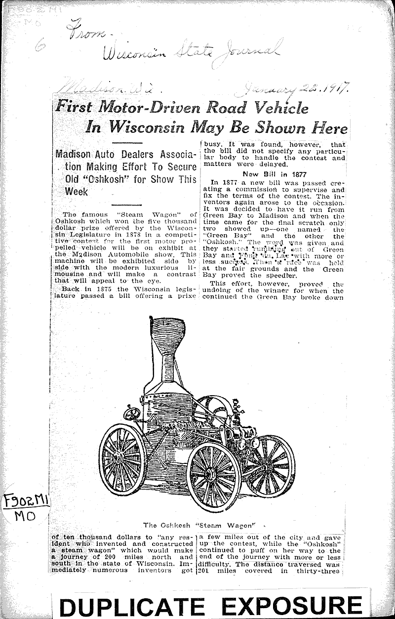 First motor-driven road vehicle in Wisconsin may be shown here ...