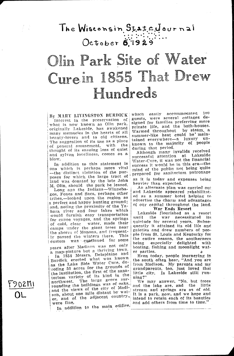 Olin Park site of water cure in 1855 that drew hundreds | Newspaper ...