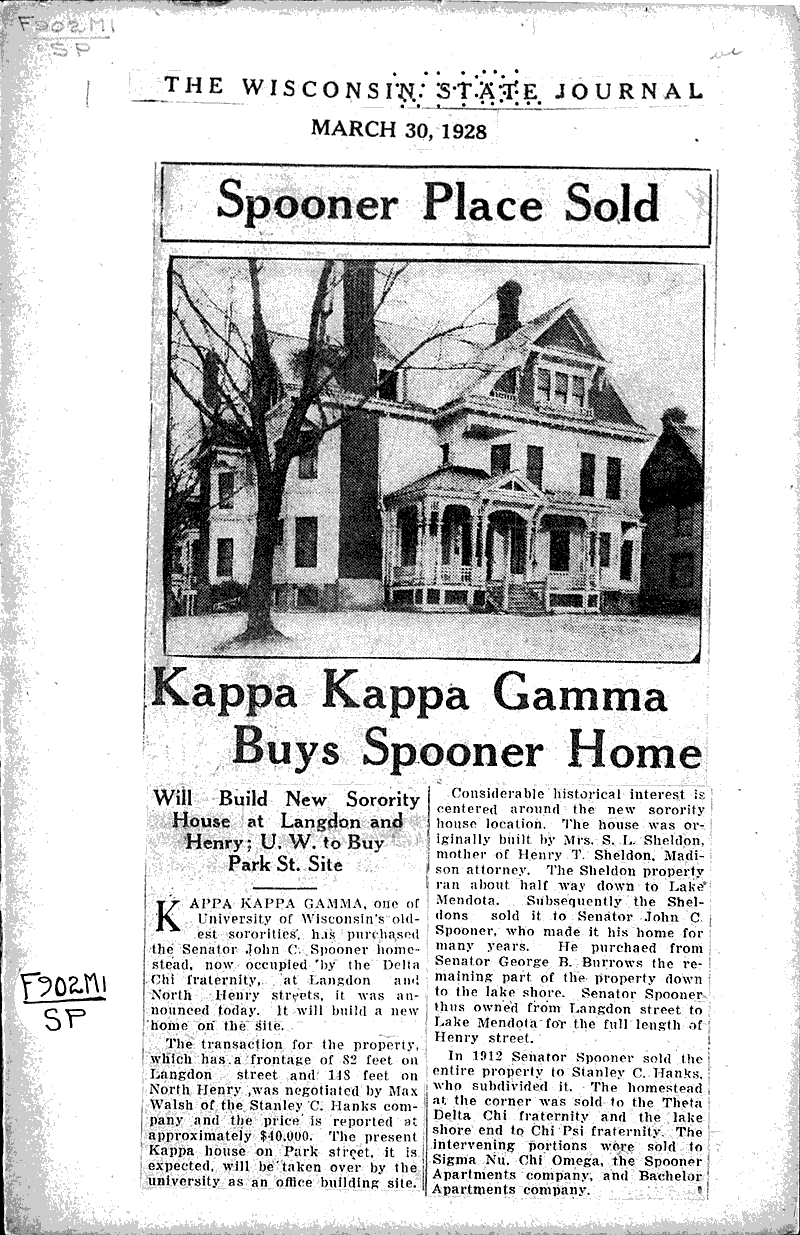 Kappa Kappa Gamma buys spooner home | Newspaper Article/Clipping ...