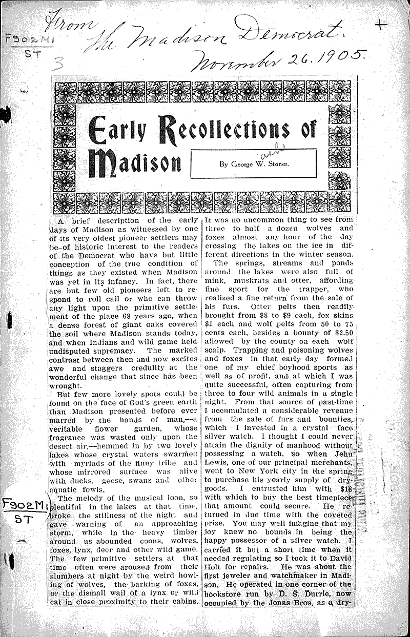 Early recollections of Madison | Newspaper Article/Clipping | Wisconsin ...
