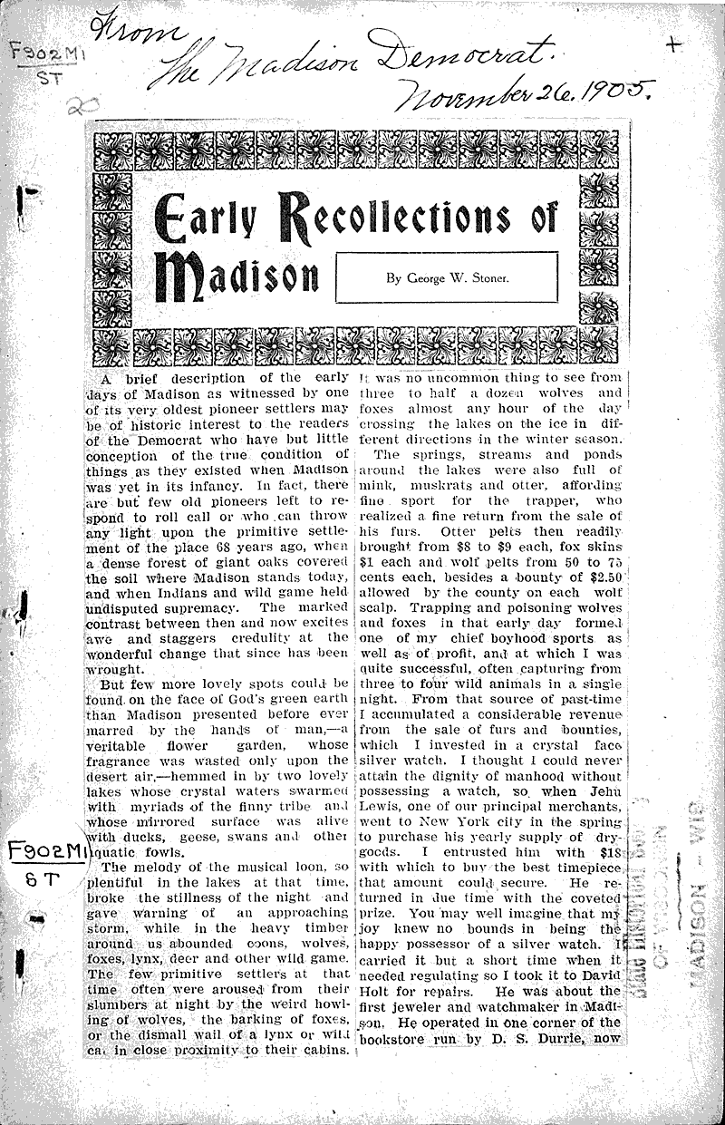 Early recollections of Madison | Newspaper Article/Clipping | Wisconsin ...