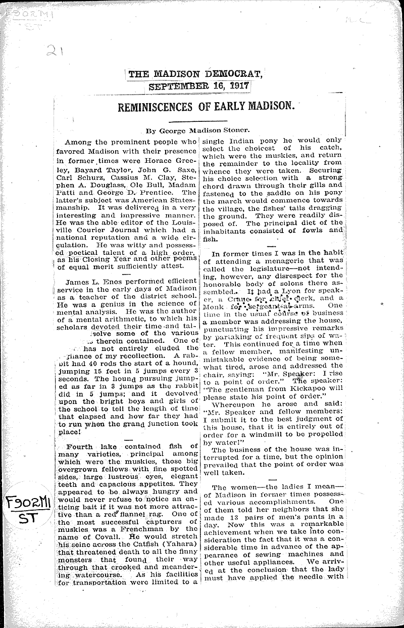 Reminiscences of early Madison | Newspaper Article/Clipping | Wisconsin ...