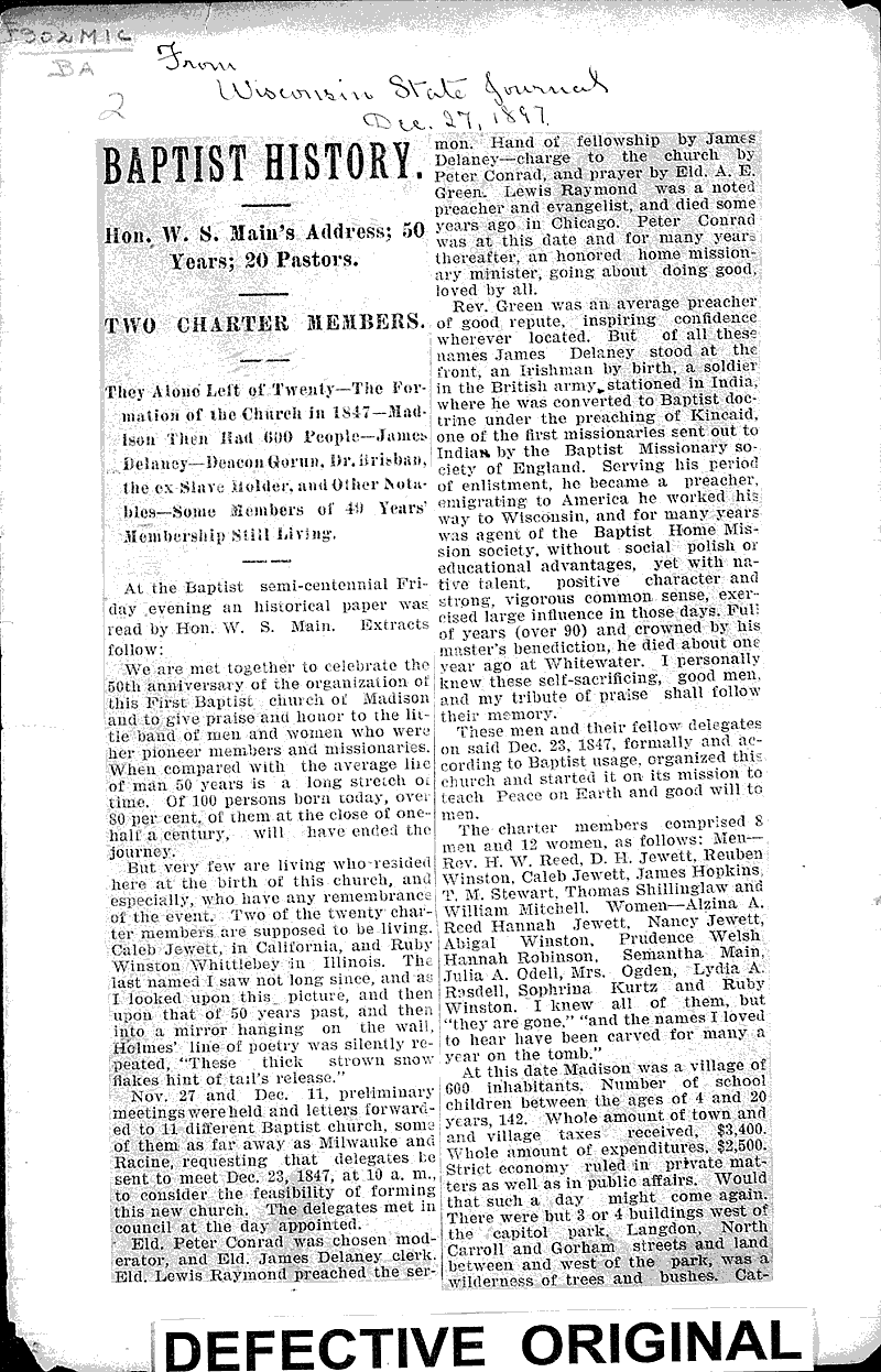 Baptist history | Newspaper Article/Clipping | Wisconsin Historical Society