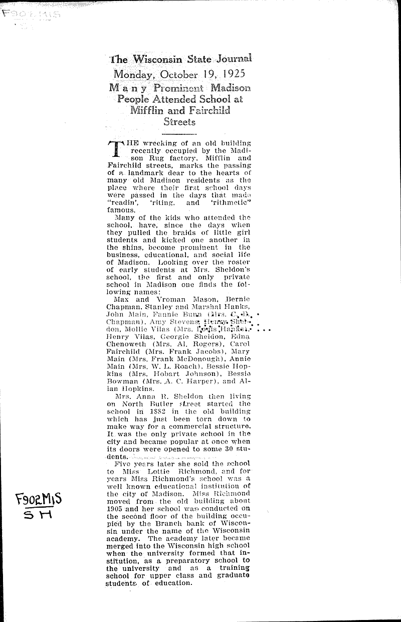 Many prominent Madison people attend school at Mifflin and Fairchild ...