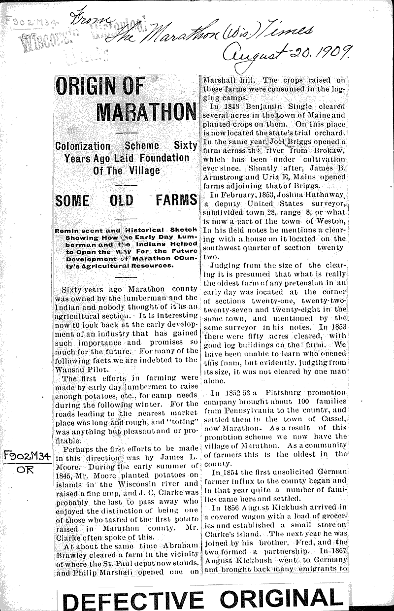 Origin of Marathon | Newspaper Article/Clipping | Wisconsin Historical ...