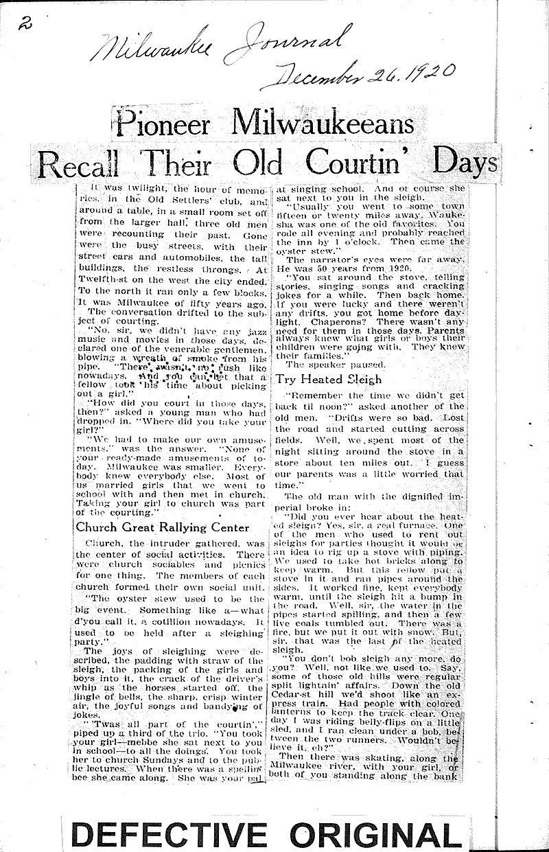 Pioneer Milwaukeeans recall their old courtin' days | Newspaper Article ...