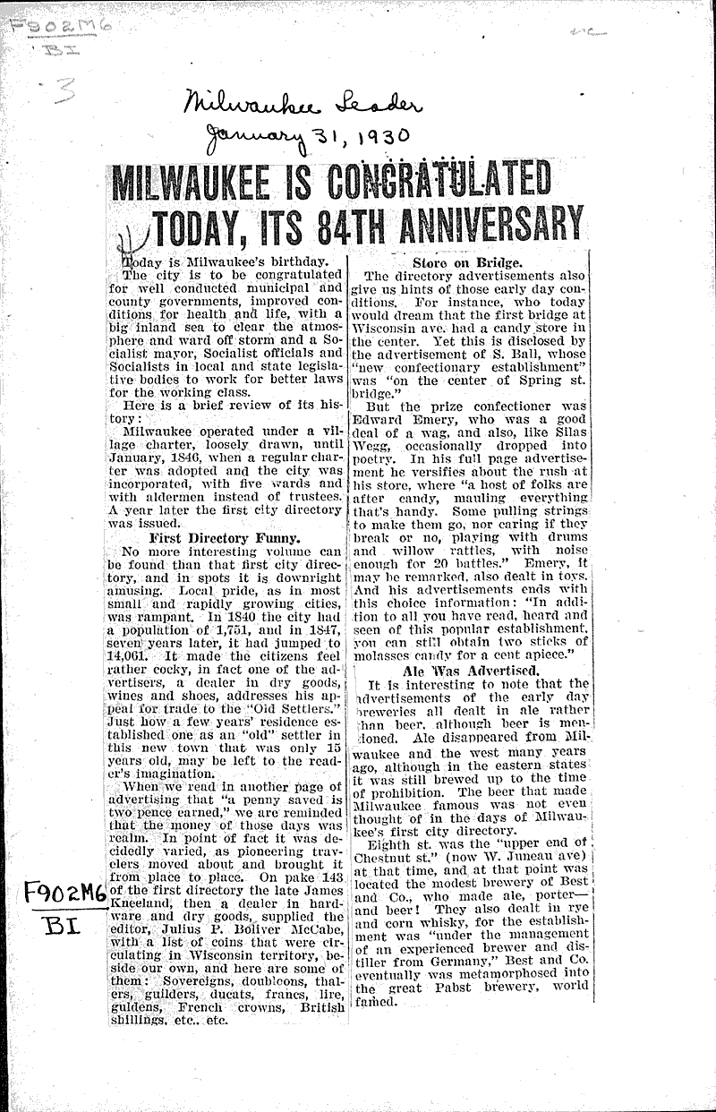 Milwaukee is congratulated today, its 84th anniversary | Newspaper ...