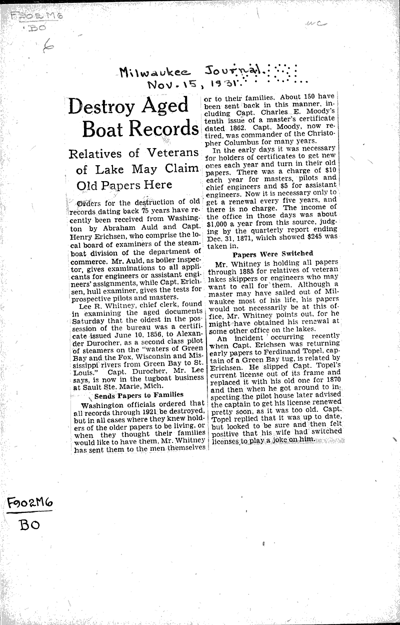 Destroy aged boat records | Newspaper Article/Clipping | Wisconsin ...