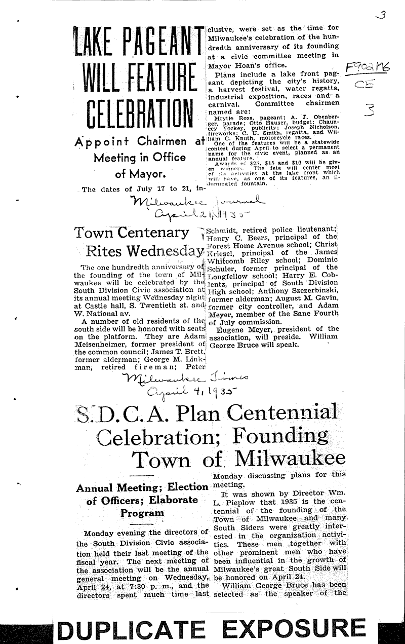 S.D.C.A. plan centennial celebration; founding town of Milwaukee ...