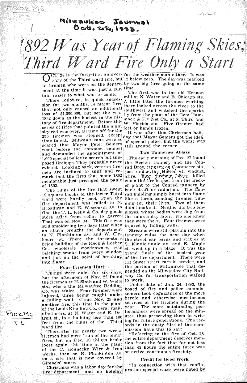1892 was year of flaming skies; third ward fire only a start ...